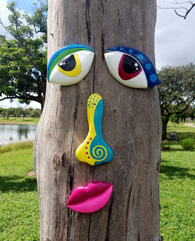 Tree Face Sculpture Colorful Style, Handmade by Artist, Decor Outdoor ...