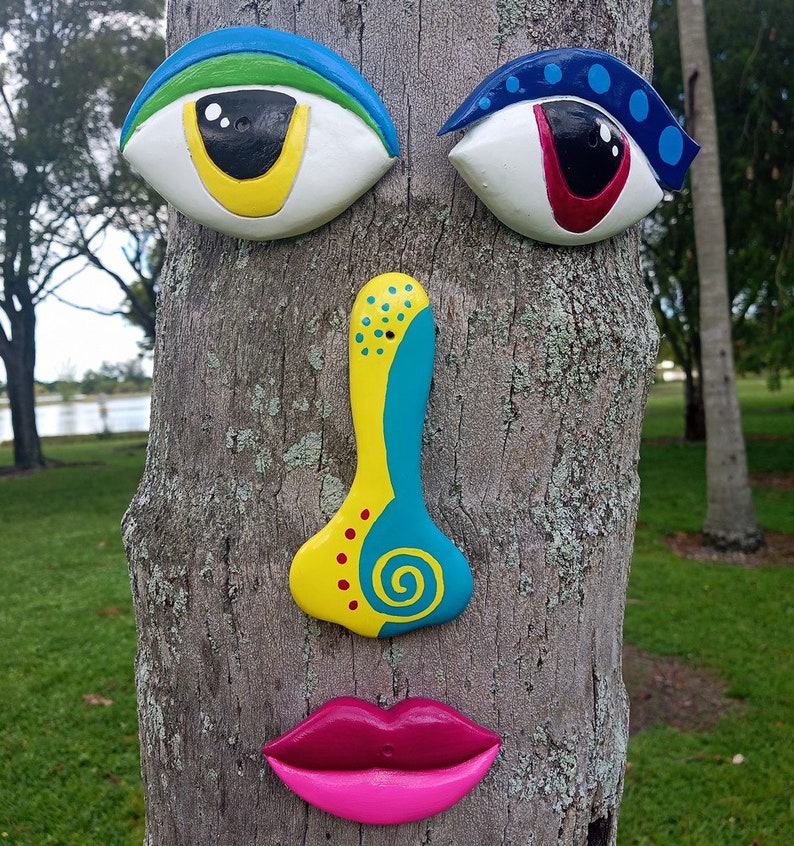 Tree Face Sculpture Colorful Style, Handmade by Artist, Decor Outdoor ...