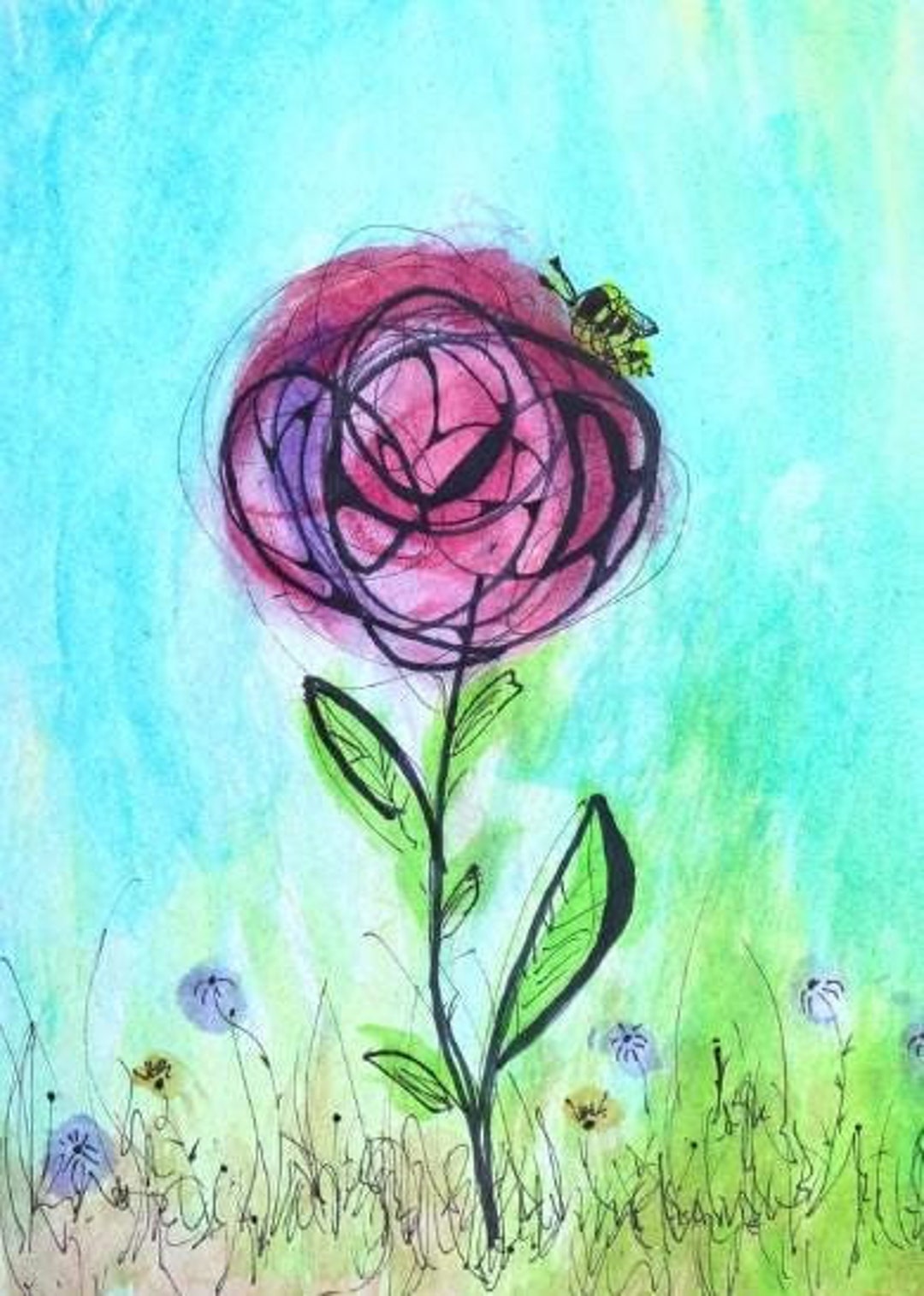 Blank Notecard Neurographic-style Rose With Bee - Etsy