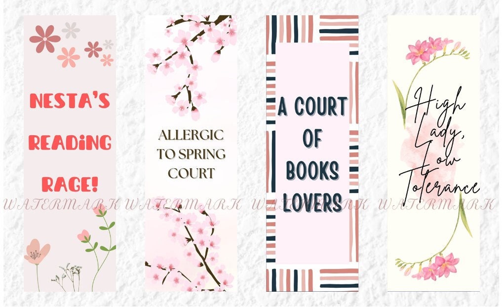 ACOTAR Pink Floral Theme Bookmarks Digital Printable Bookmarks Set of 4 ...