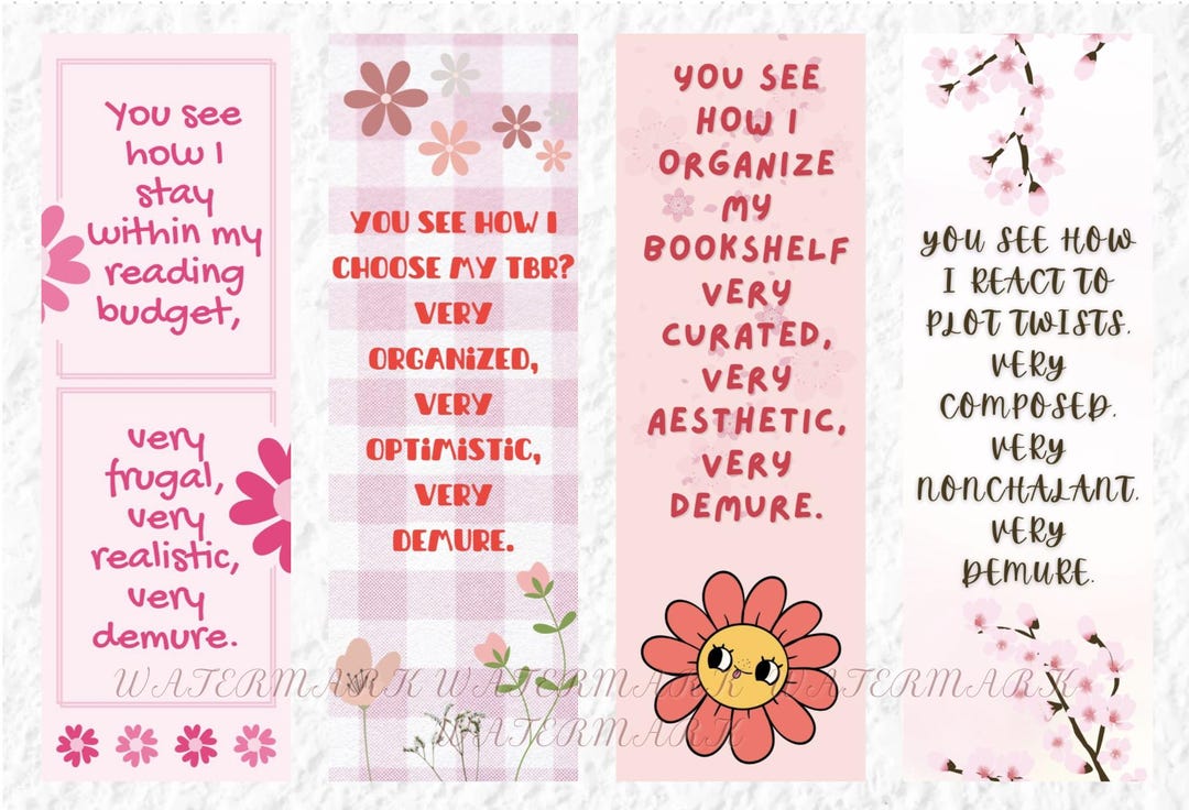 Funny Pink Demure Book Lover Digital Bookmarks | 2x6 Printable ...