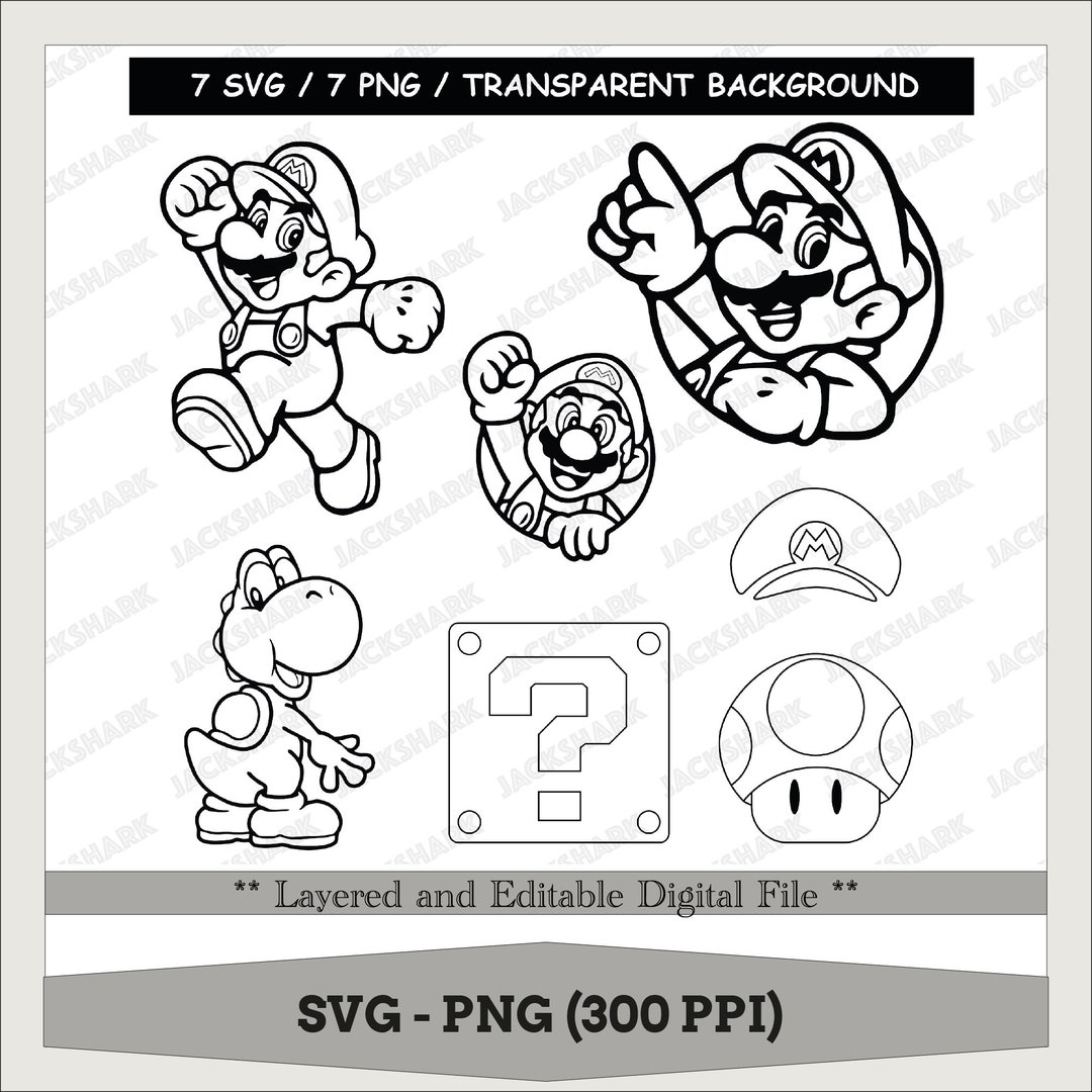 Mario Clipart, 7 SVG 7 PNG, Black and White Outline, Transparent ...