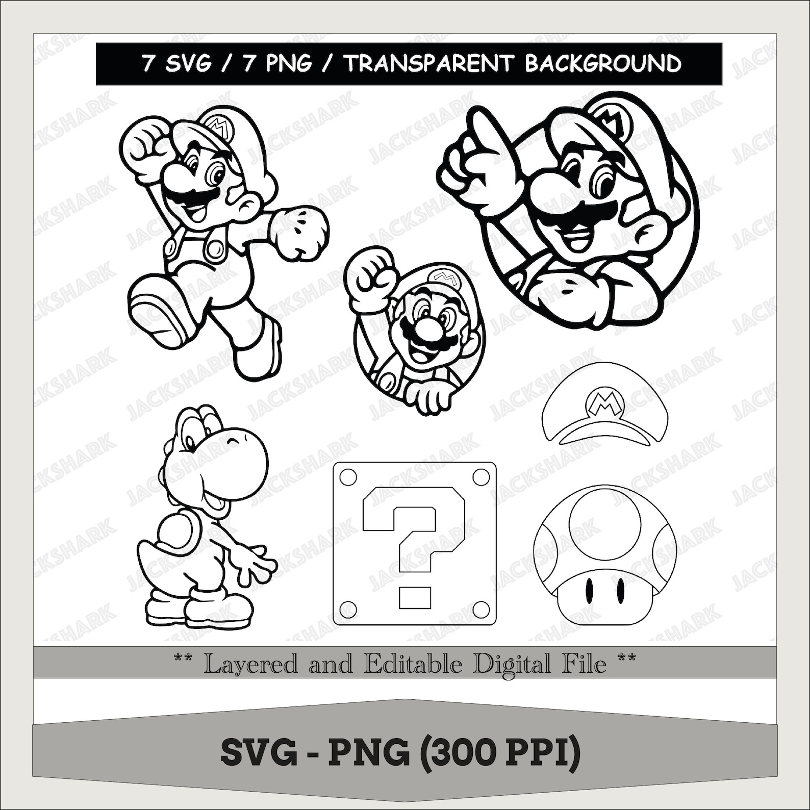 Mario Clipart, 7 SVG 7 PNG, Black and White Outline, Transparent ...