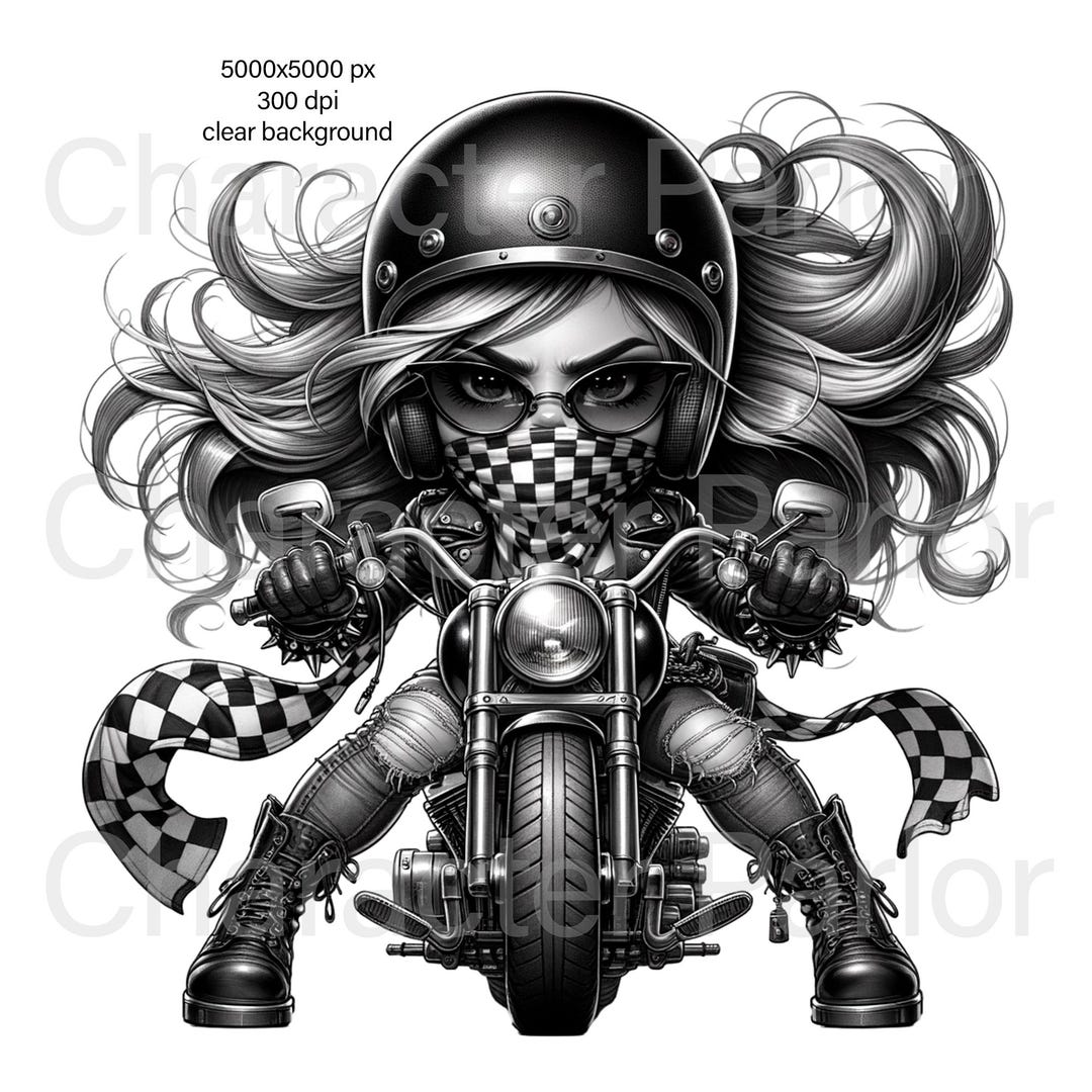 Biker Babe Caricature, Badass Motorcycle Rider Character Png, Woman ...