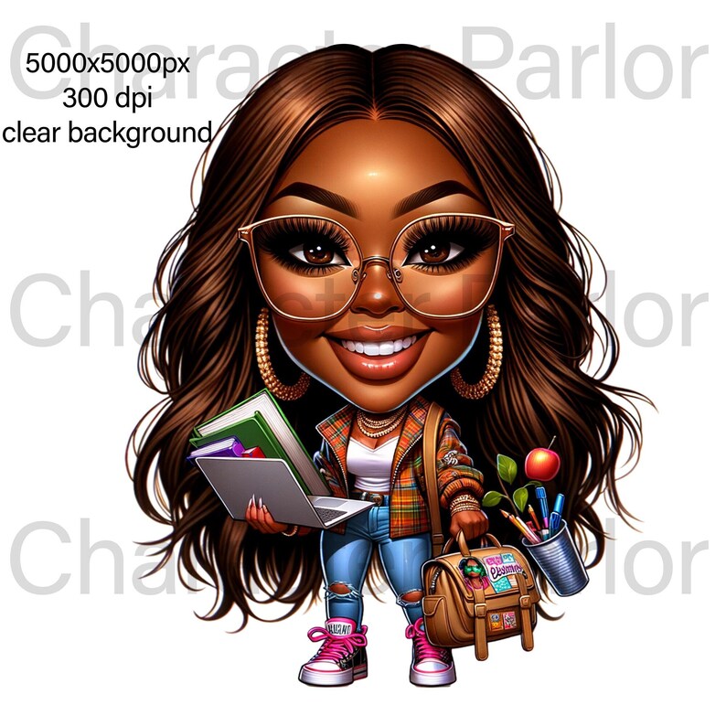 Teacher Cartoon Png, Female Educator Digital Caricature, Gift for Black ...