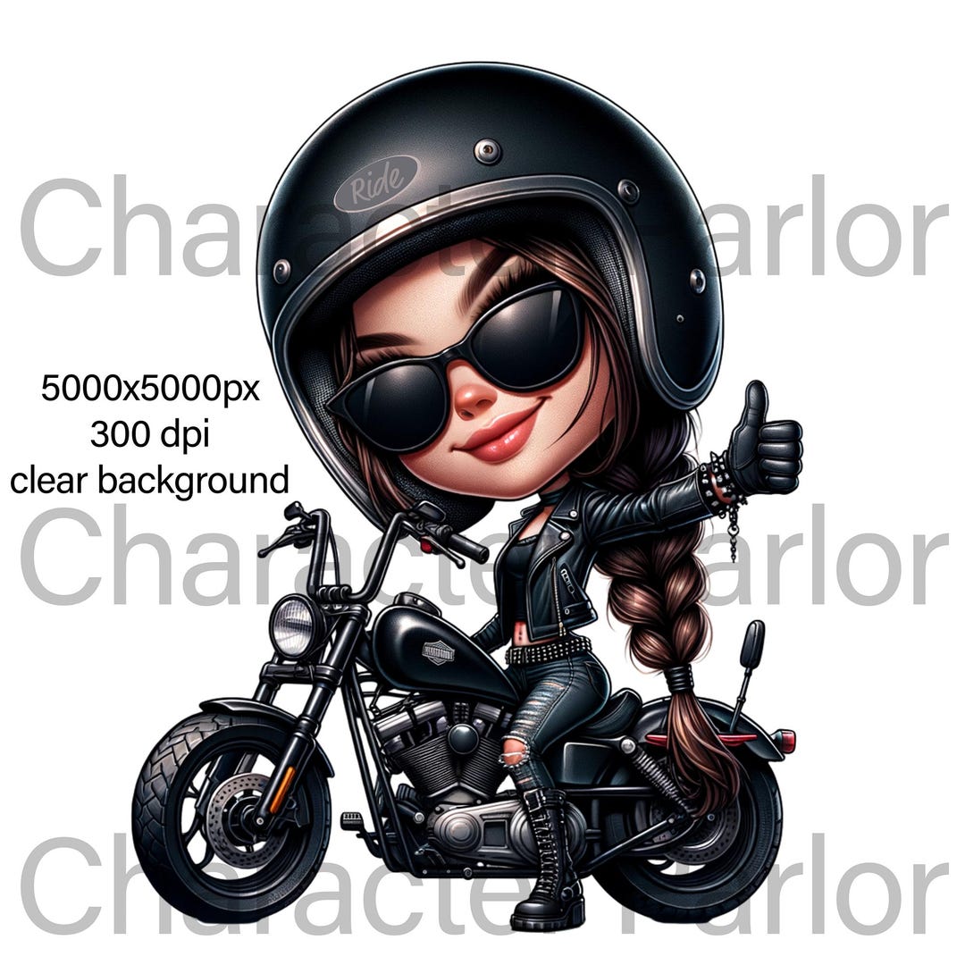 Lady Biker Cartoon PNG: Motorcycle Rider Clipart - Etsy