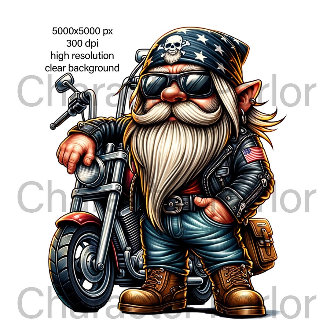 Gnome Biker Cartoon, Funny Shirt Design, Old Motorcycle Rider Character ...