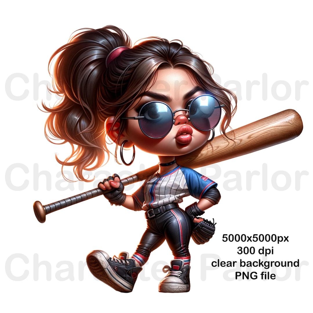 Female Baseball Player Caricature PNG, Badass Home Run Cartoon DTF ...
