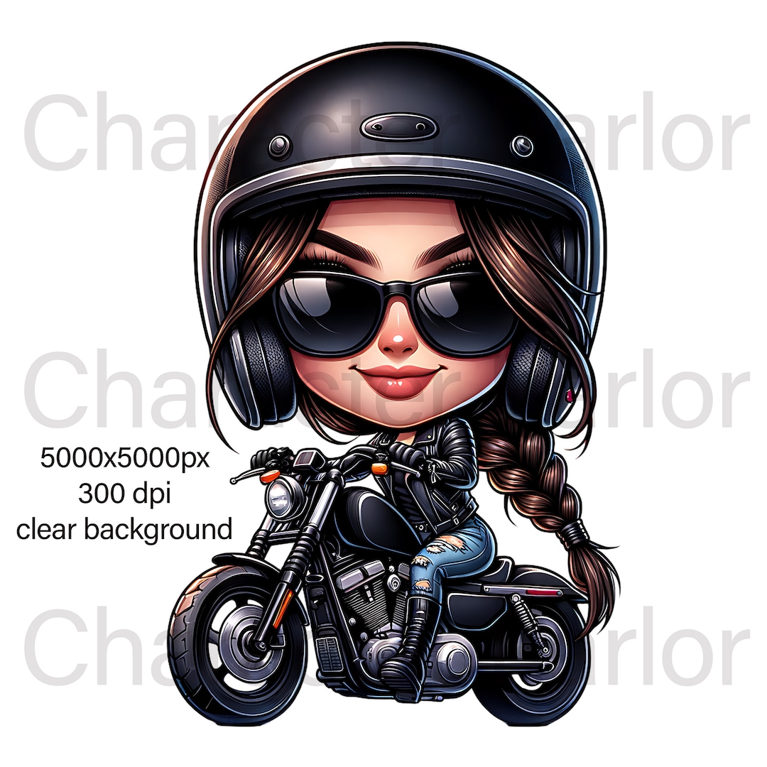 Logotipo de dibujos animados de motociclista femenino, regalo para ...