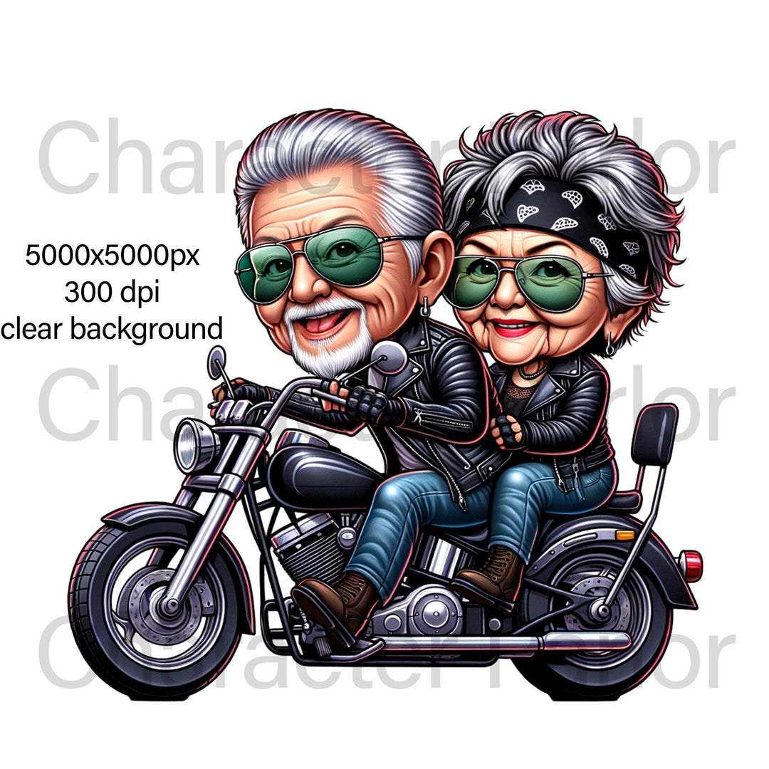 Motorcycle Bikers Couple Caricature, Badass Grandparents Riders ...
