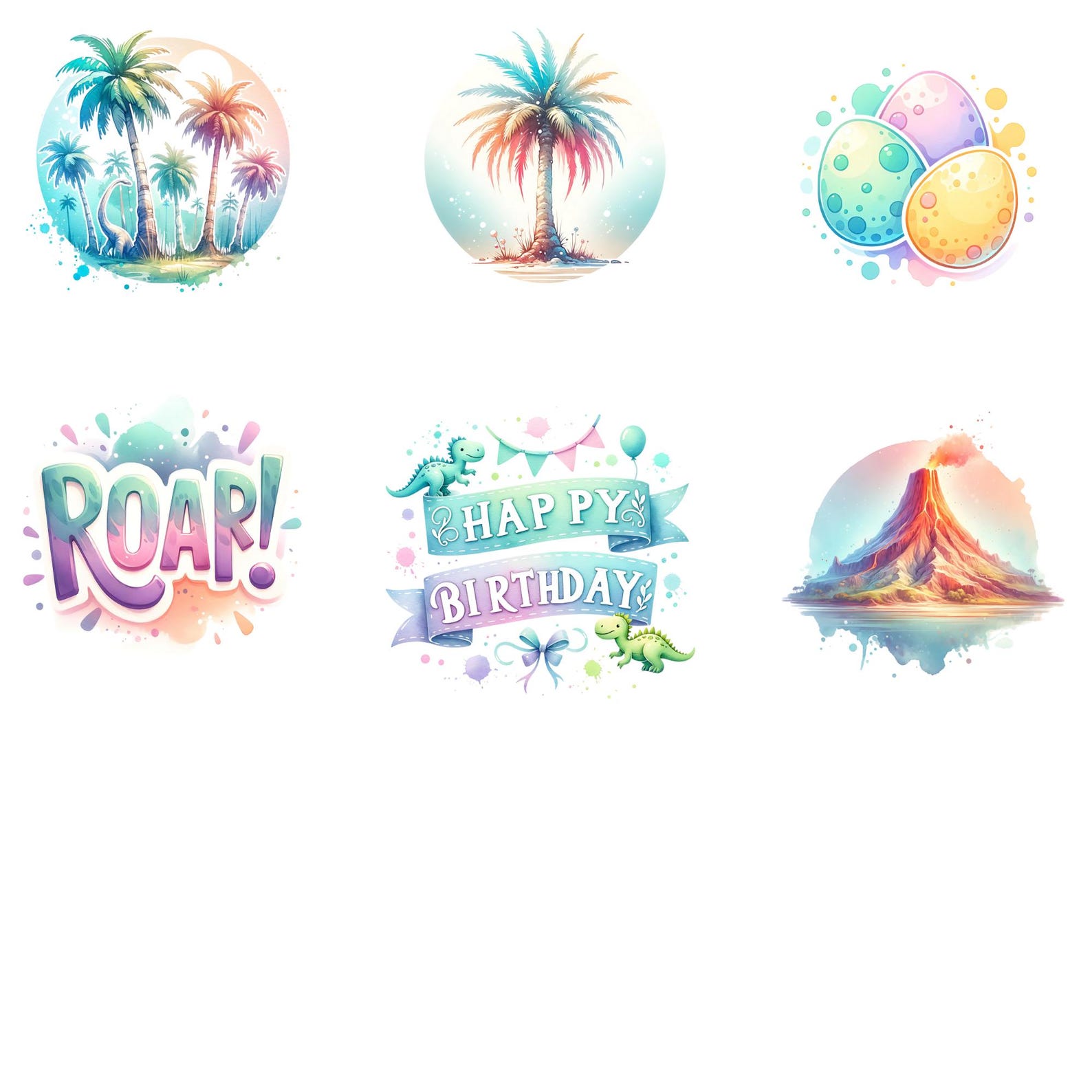 Cute Dinosaur Birthday Party Clipart, Watercolour Dinosaurs, Dino Clip ...