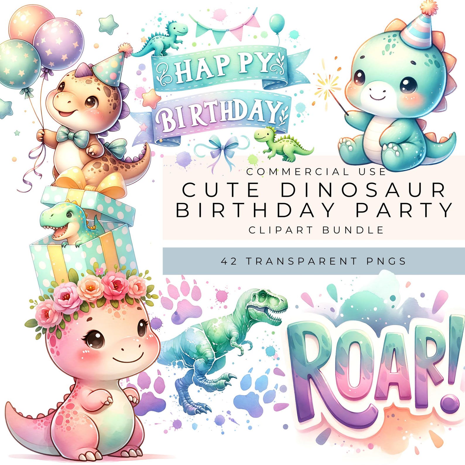 Cute Dinosaur Birthday Party Clipart, Watercolour Dinosaurs, Dino Clip ...
