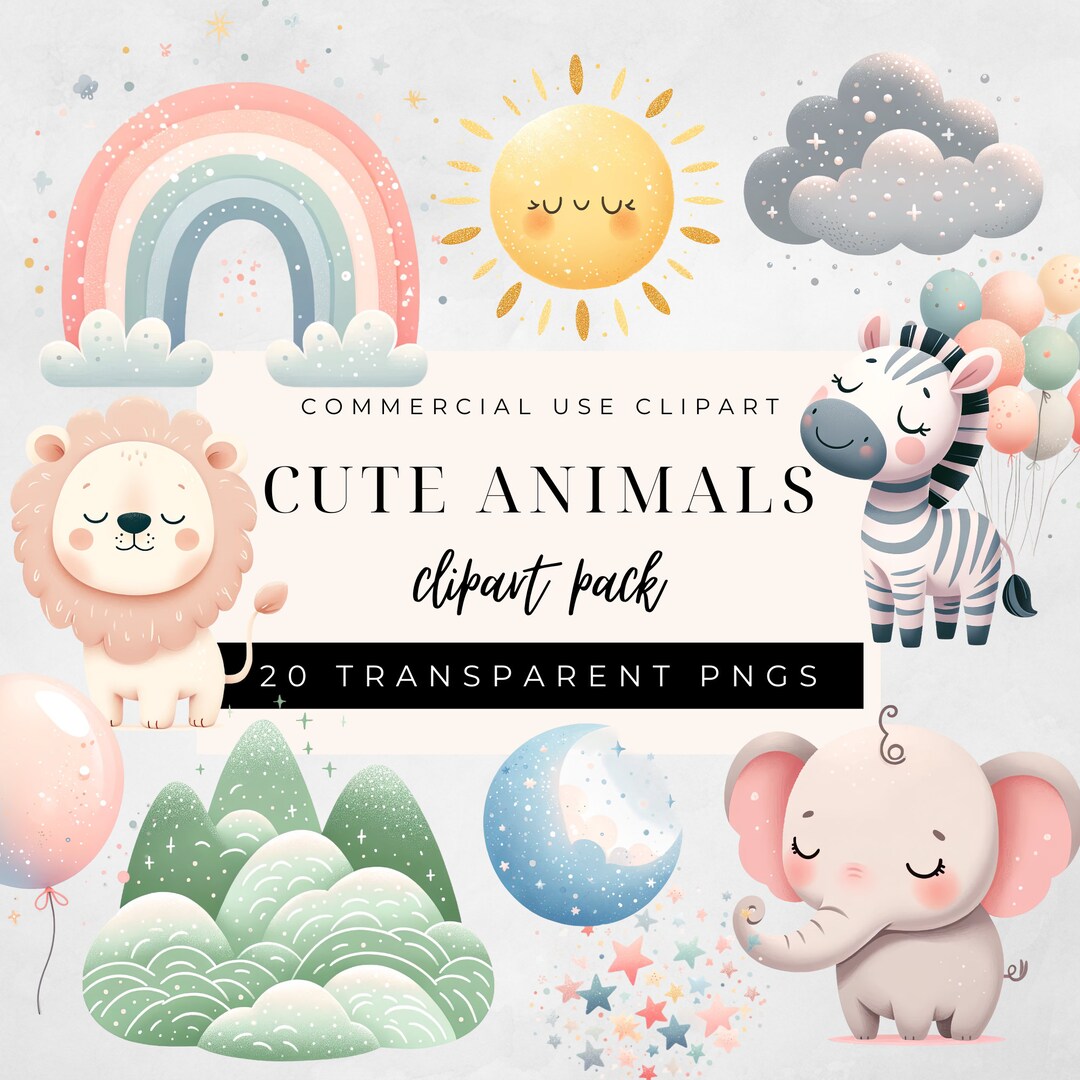 Cute Little Animal Clipart, Nursery Clipart, Elephant Clipart, Rainbow ...