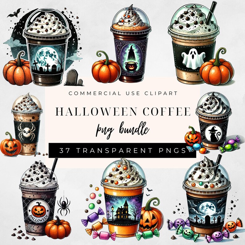 Halloween Coffee Clipart Set, Scary Gothic Watercolour Hot Coffee Drink ...