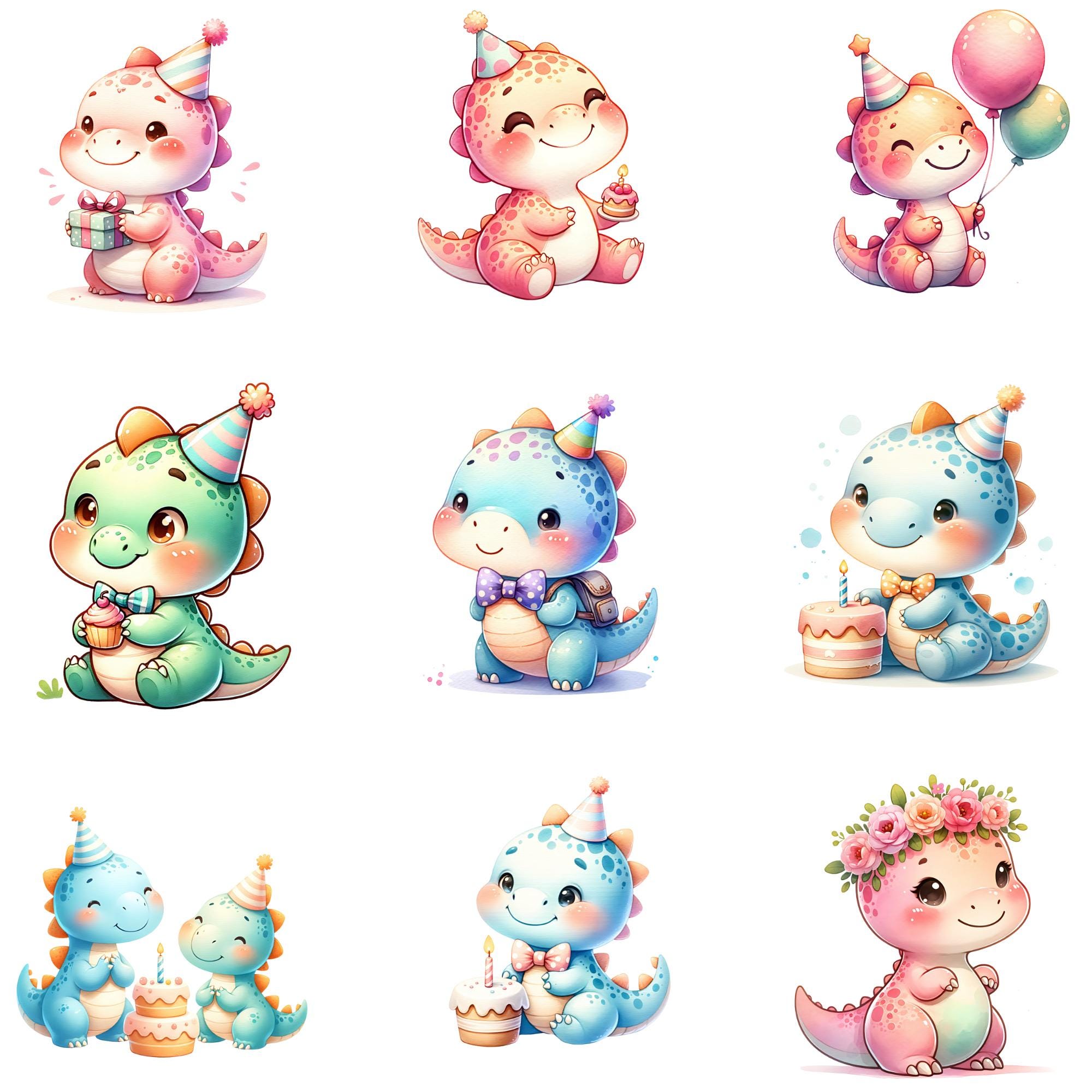 Cute Dinosaur Birthday Party Clipart, Watercolour Dinosaurs, Dino Clip ...