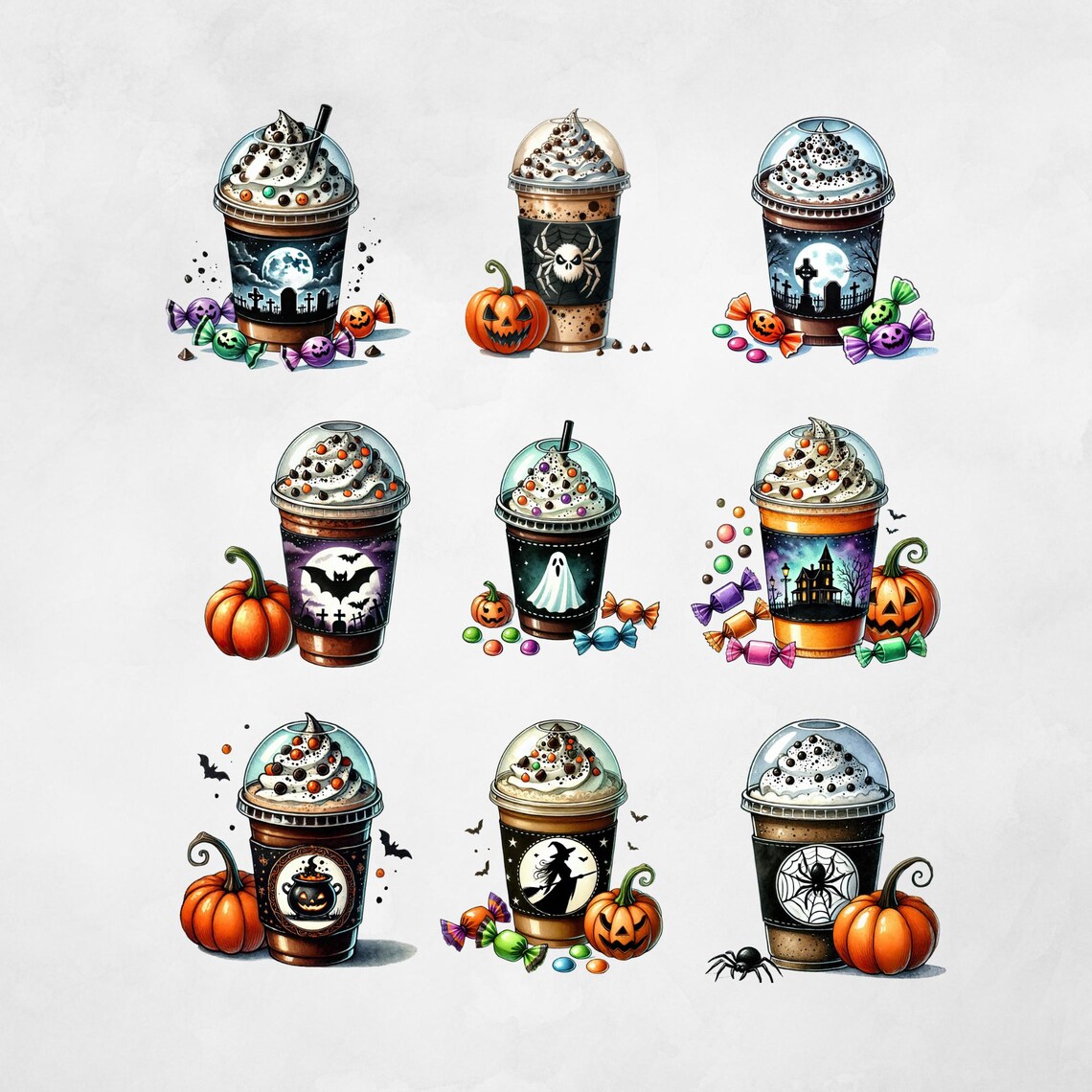 Halloween Coffee Clipart Set, Scary Gothic Watercolour Hot Coffee Drink ...