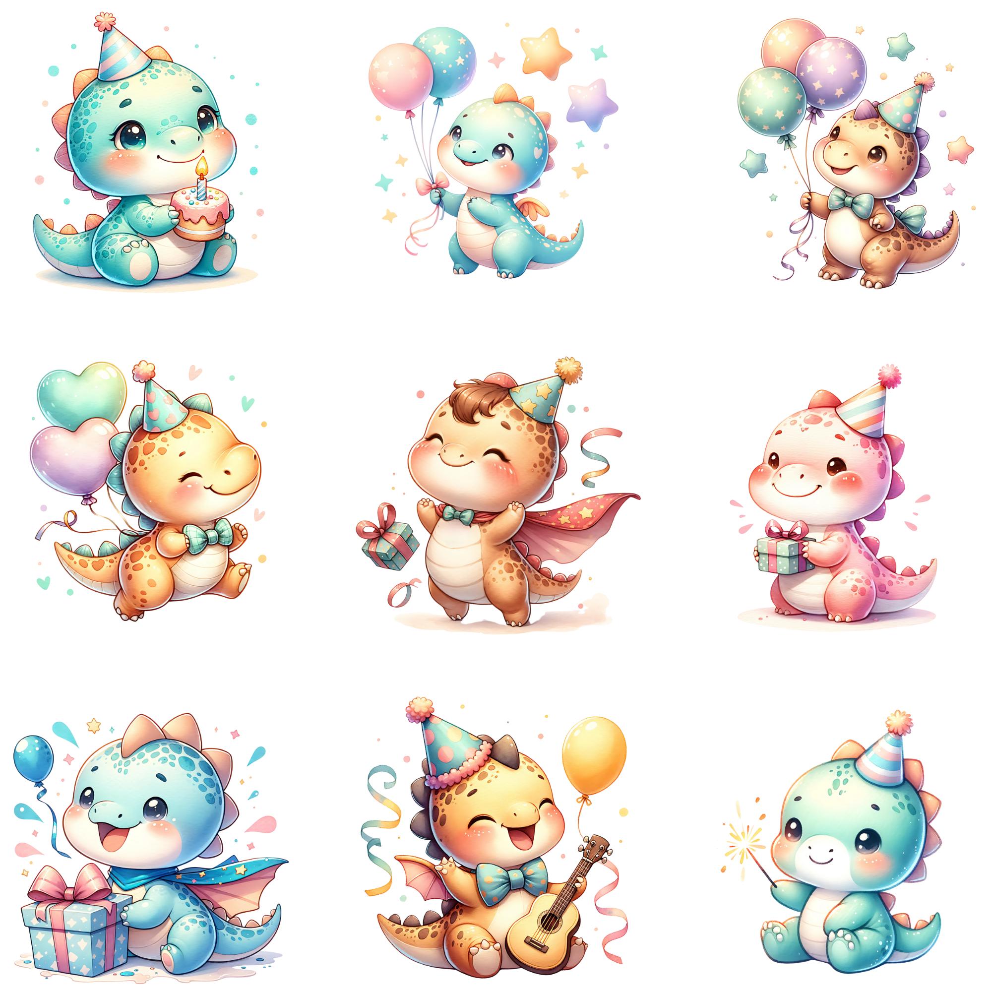 Cute Dinosaur Birthday Party Clipart, Watercolour Dinosaurs, Dino Clip ...