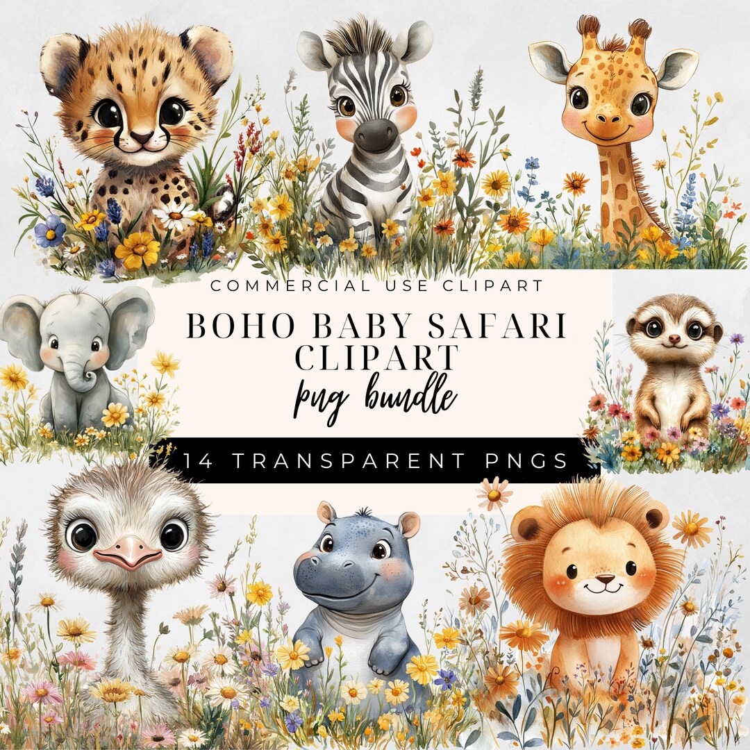 Safari Animals Clipart Bundle, Boho Flower Watercolor Baby Animal Pngs ...