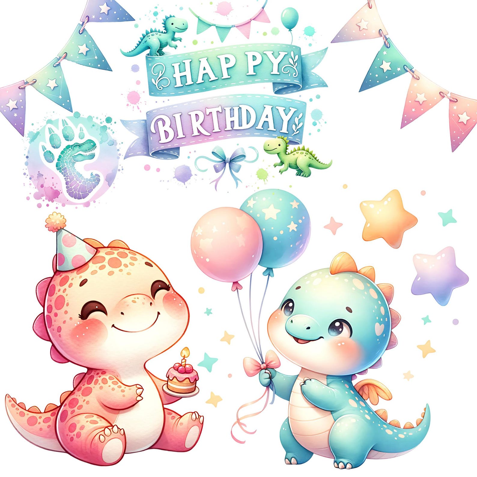 Cute Dinosaur Birthday Party Clipart, Watercolour Dinosaurs, Dino Clip ...