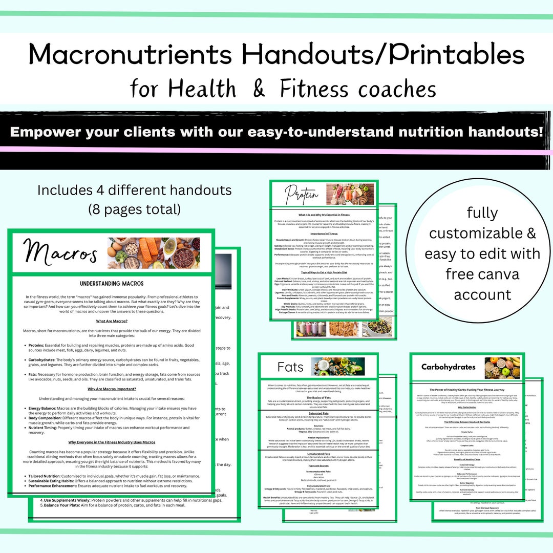 Macros Guide for Health Coach | Macronutrients, Protein, Carbs, Fats Handouts for Clients ...