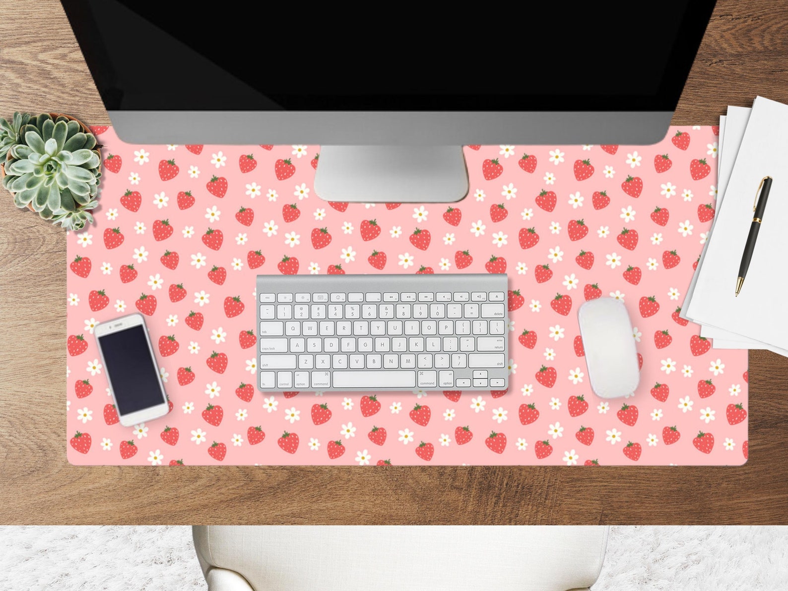 Custom Desk Mat Strawberry Desk Decor, Pink Desk Mat Aesthetic Desk ...