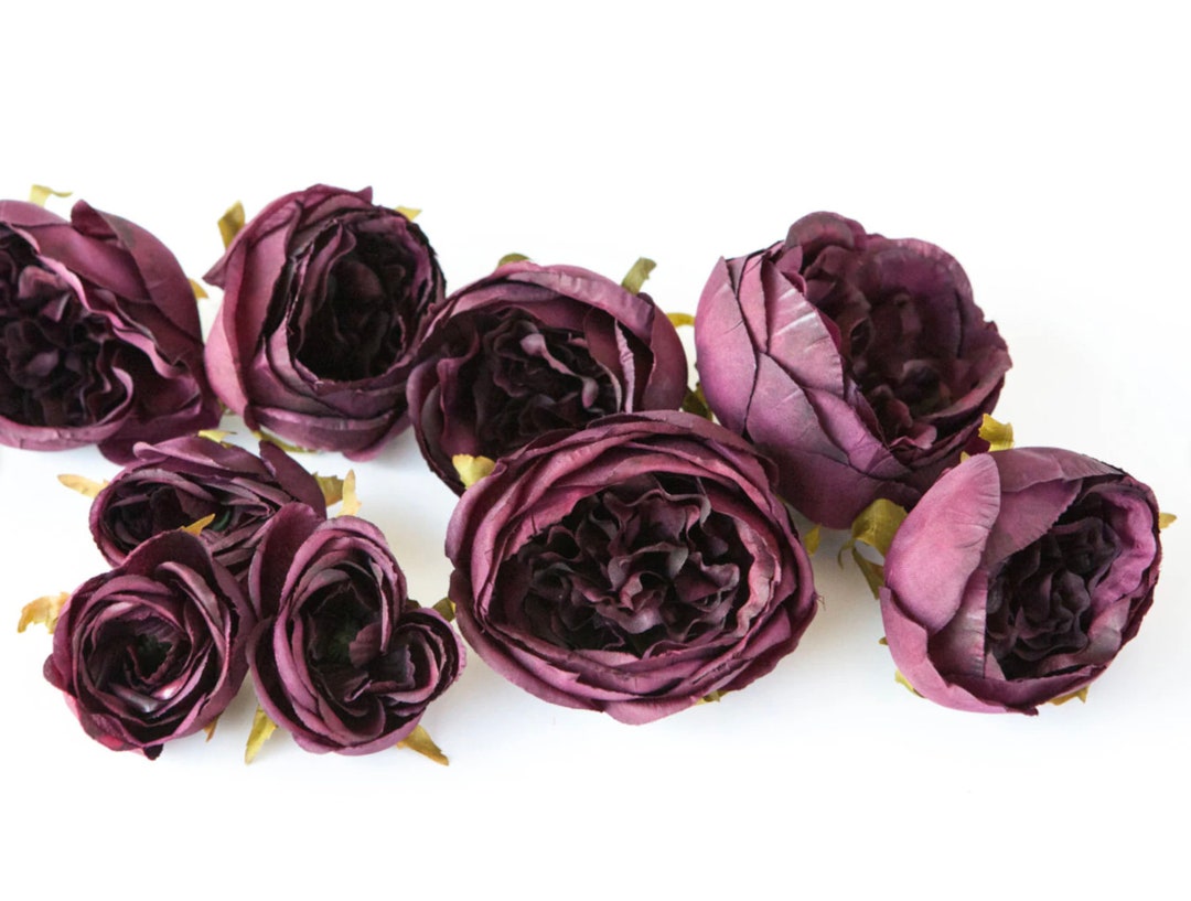 Set of 9 Small to Large Cabbage Roses in Plum, Dark Purple - Silk ...