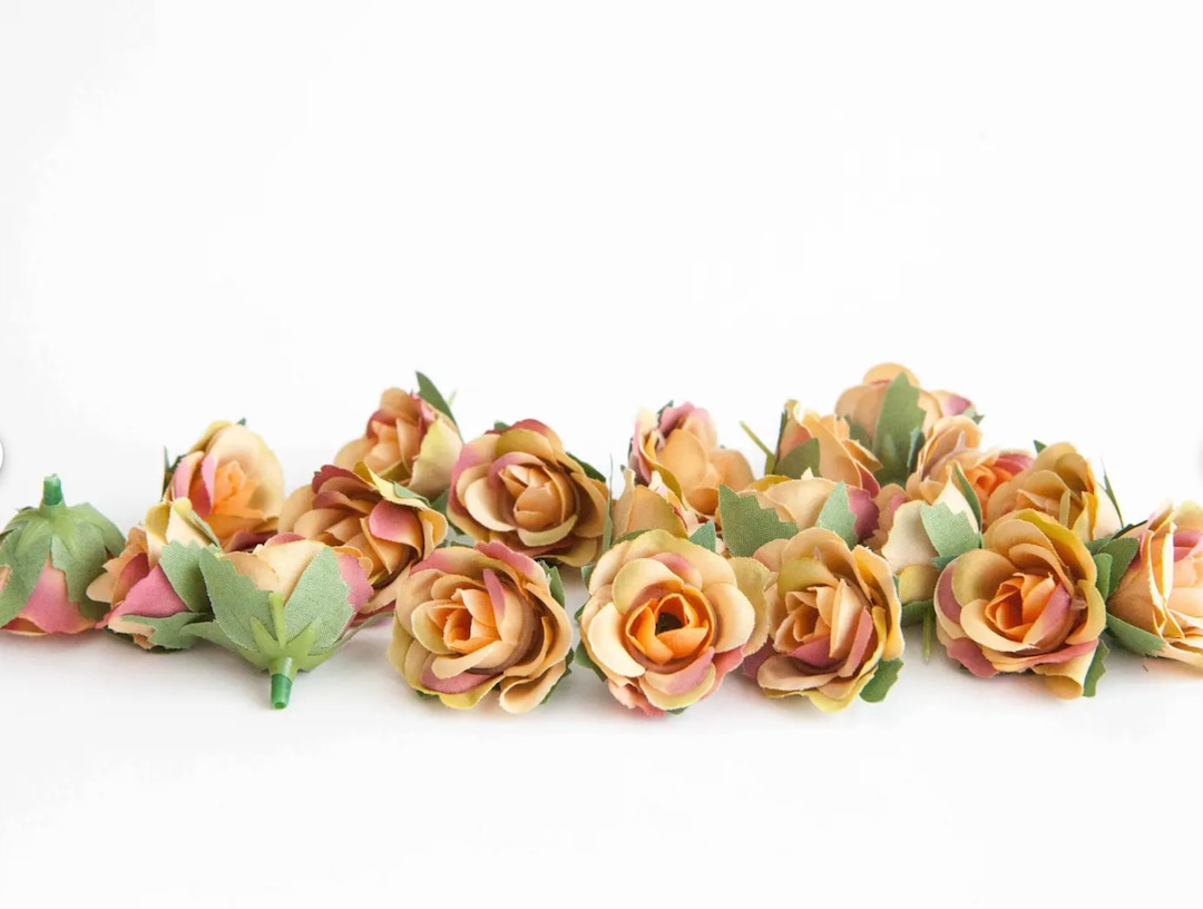30 Mini Roses in Vintage Yellow and Pink - SMALL Artificial Roses -see ...