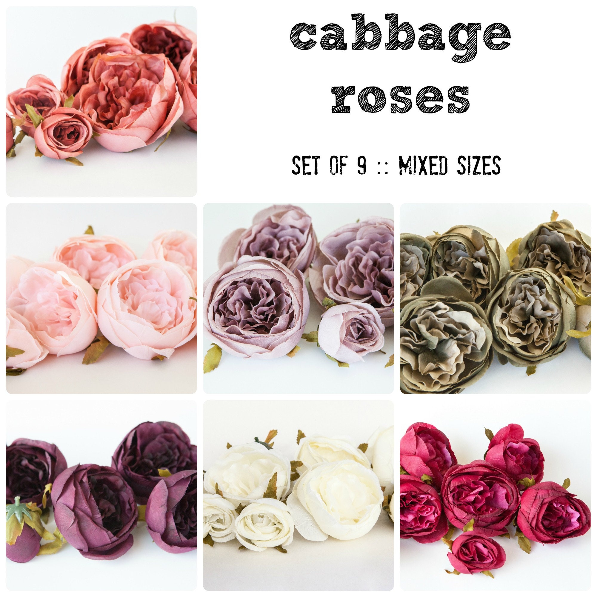 Set of 9 Small to Large Cabbage Roses in Antique Rose Pink -read ...