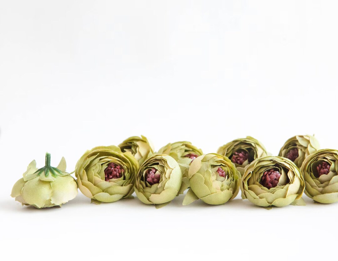 10 Small Ranunculus in Olive Green - Silk Artificial Flower, Millinery ...