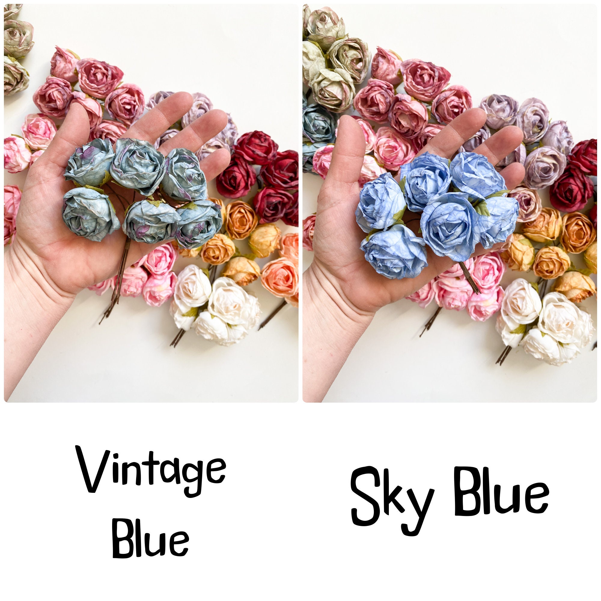 12 Small Dry Look Roses on Wire Stems - CHOOSE COLOR - Sold as Is ...