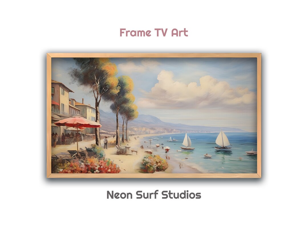 Framed Italian Beach Scene Inspired by Monet, Samsung TV Art, 4k High ...