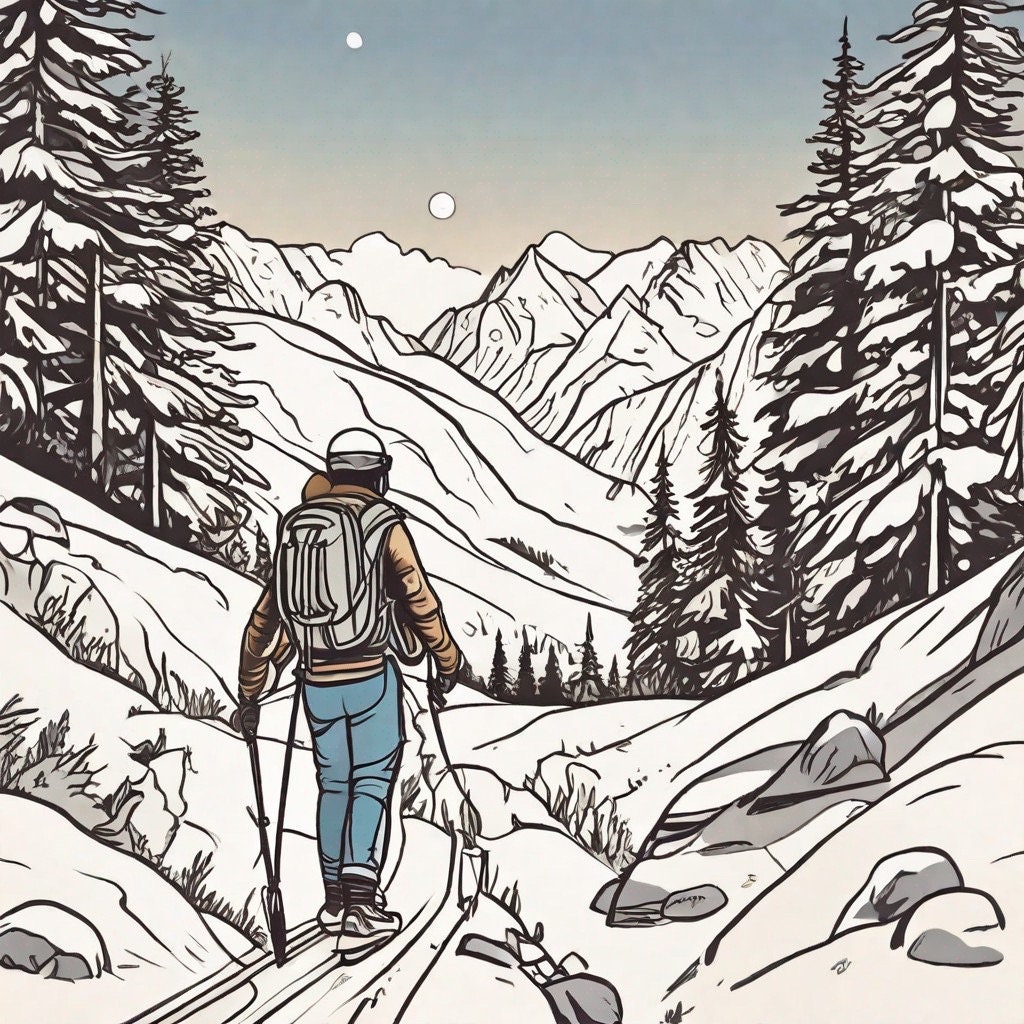 Line Art Skiing Image, Mountains Outdoors Art, Snowsports Digital ...