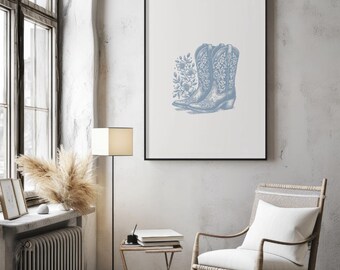 Dark Blue Cowboy Boots Print Blue Cowboy Boots Wall Art, Minimalist ...