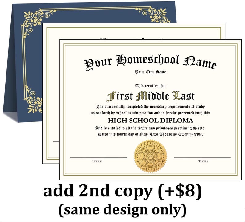 Custom Homeschool Diploma | Gold Foil Seal | Printed Personalized High ...
