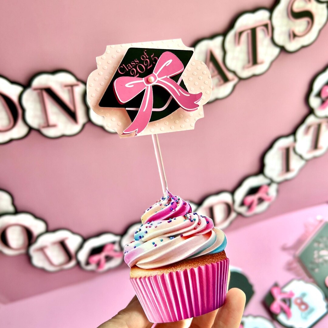 Graduation Cupcake Toppers, Coquette Pink Bow Cap Graduation Cake ...