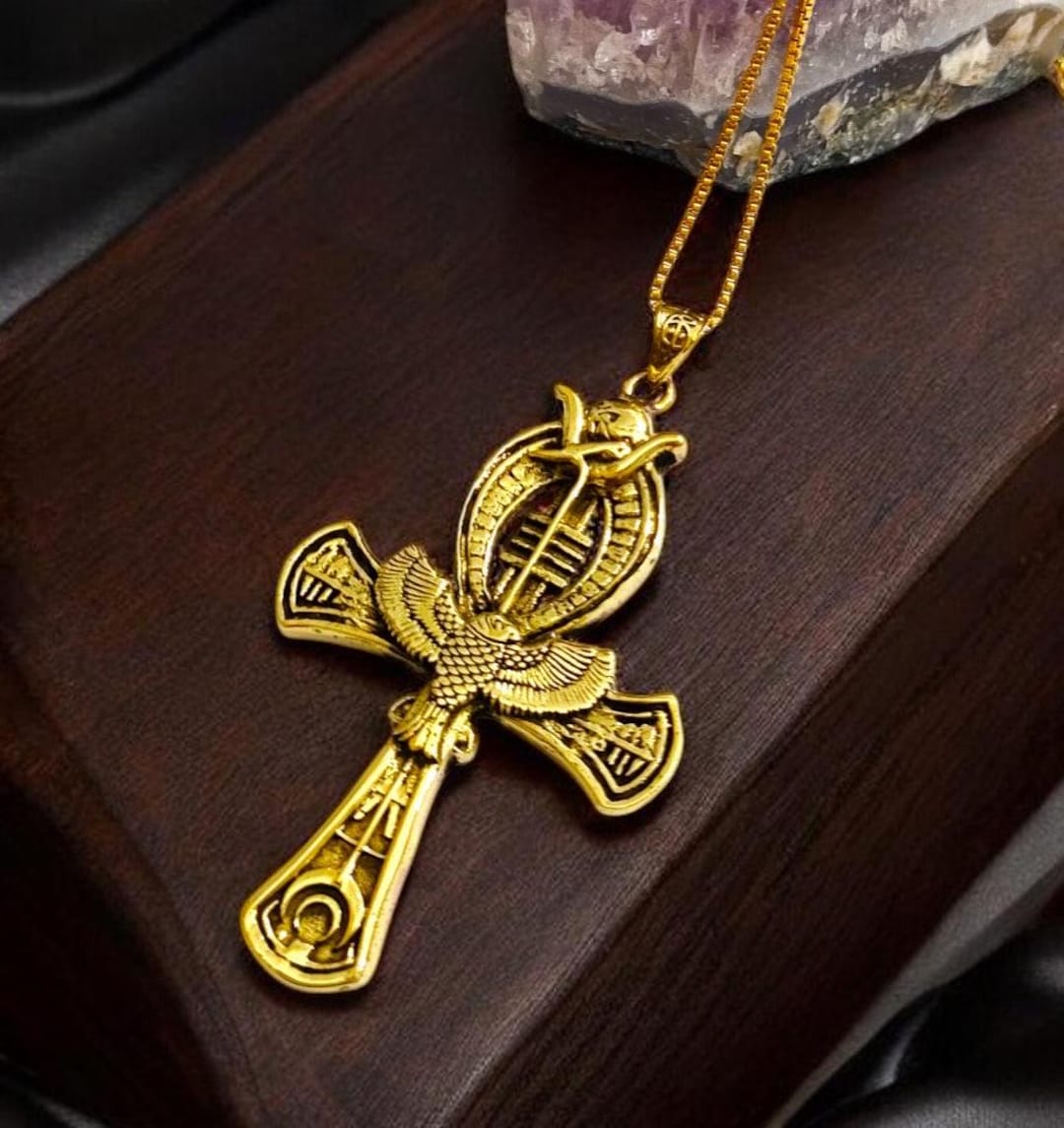Large Gold Ankh & Symbol Necklace – Egyptian Revival Pendant Gift for ...