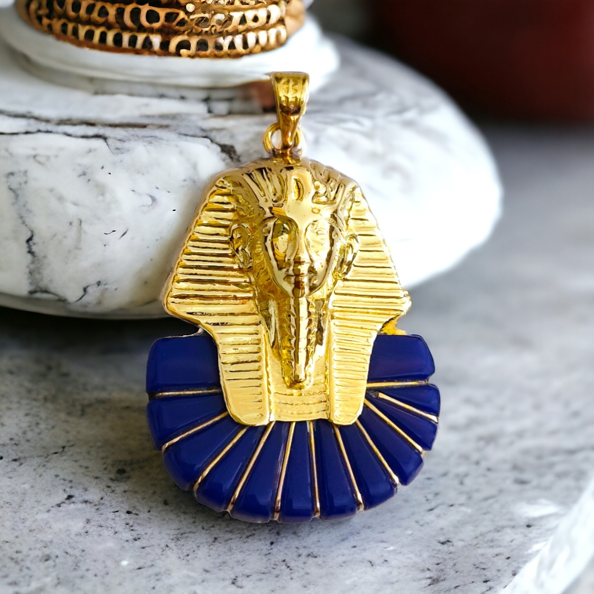 King Tut Ankh Amon Pharaoh Mask Gold Pendant, Egyptian Jewelry, Divine ...