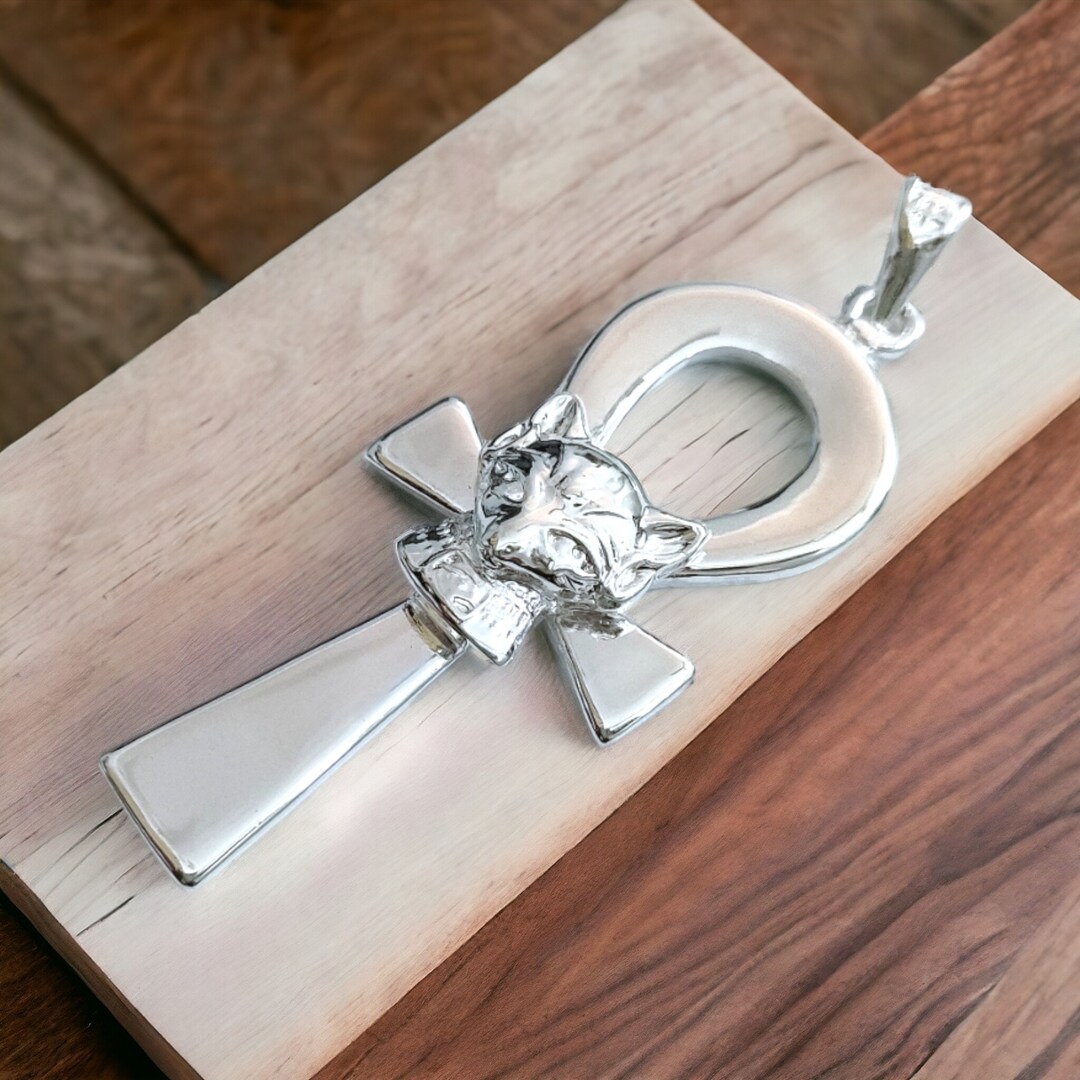 Large Key of Life Ankh Bastet Complex Silver Pendant Necklace, Egyptian ...