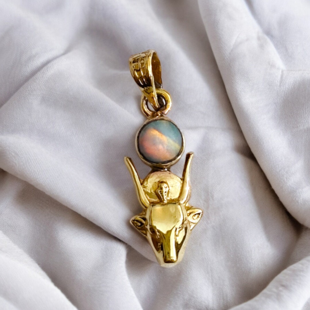 Gold Small and Dainty Unique Opal Hathor in Form of Cow Head Pendant ...
