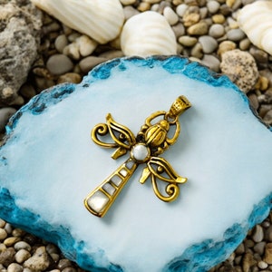 Gold Key of Life Ankh Eye of Horus Eye of Ra Scarab Complex Pendant ...