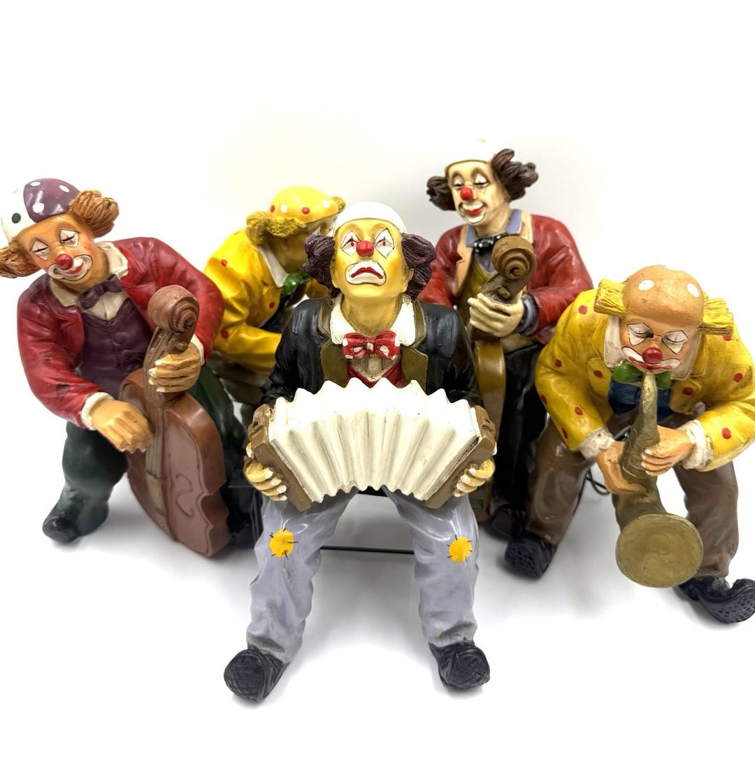 Vintage Collectible Set of Five Ceramic Resin Clowns Sitting on Metal ...