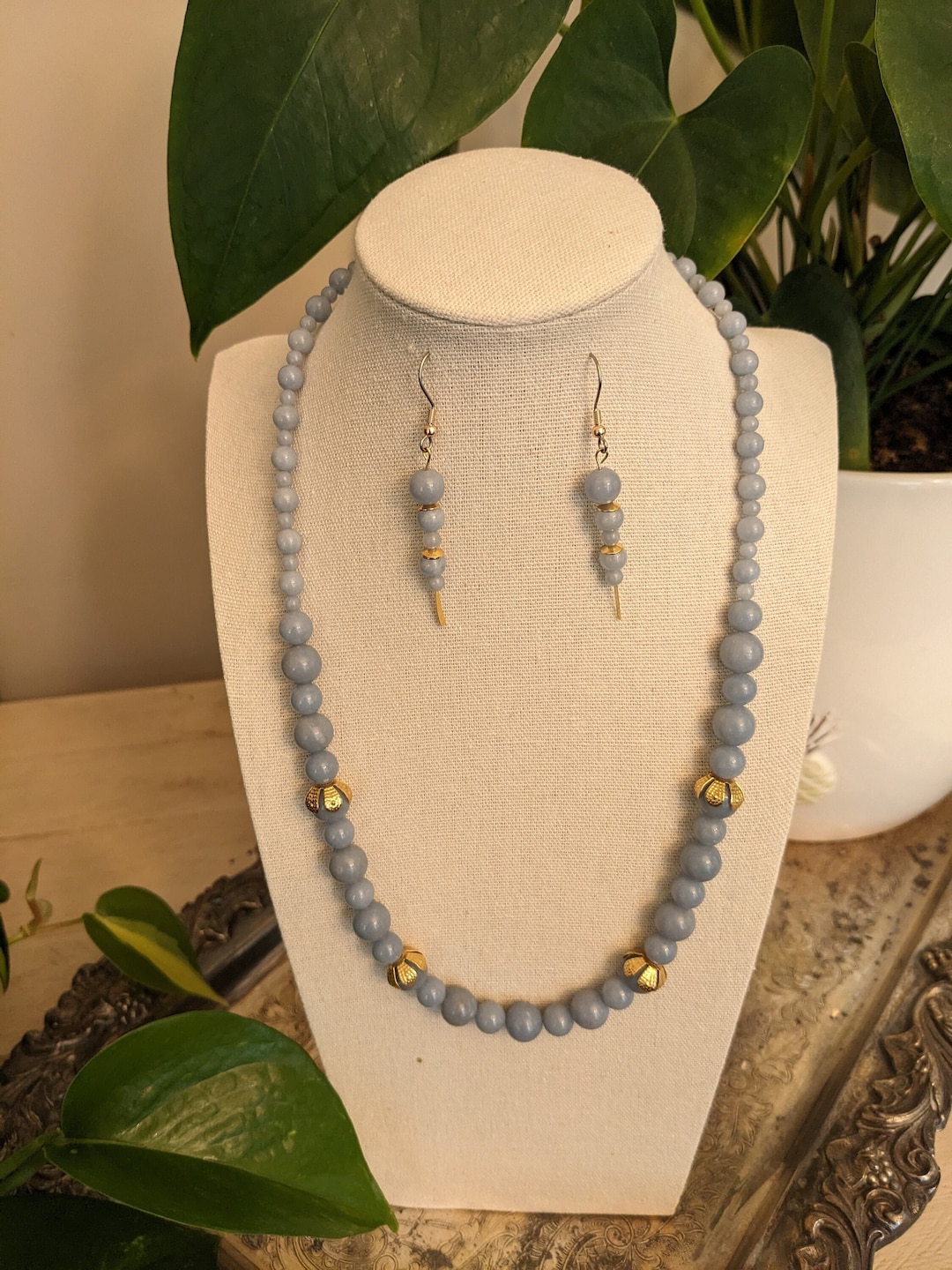 Necklace: Blue Angelite Gemstones & 14kt Gold, Hypoallergenic, Luxury ...