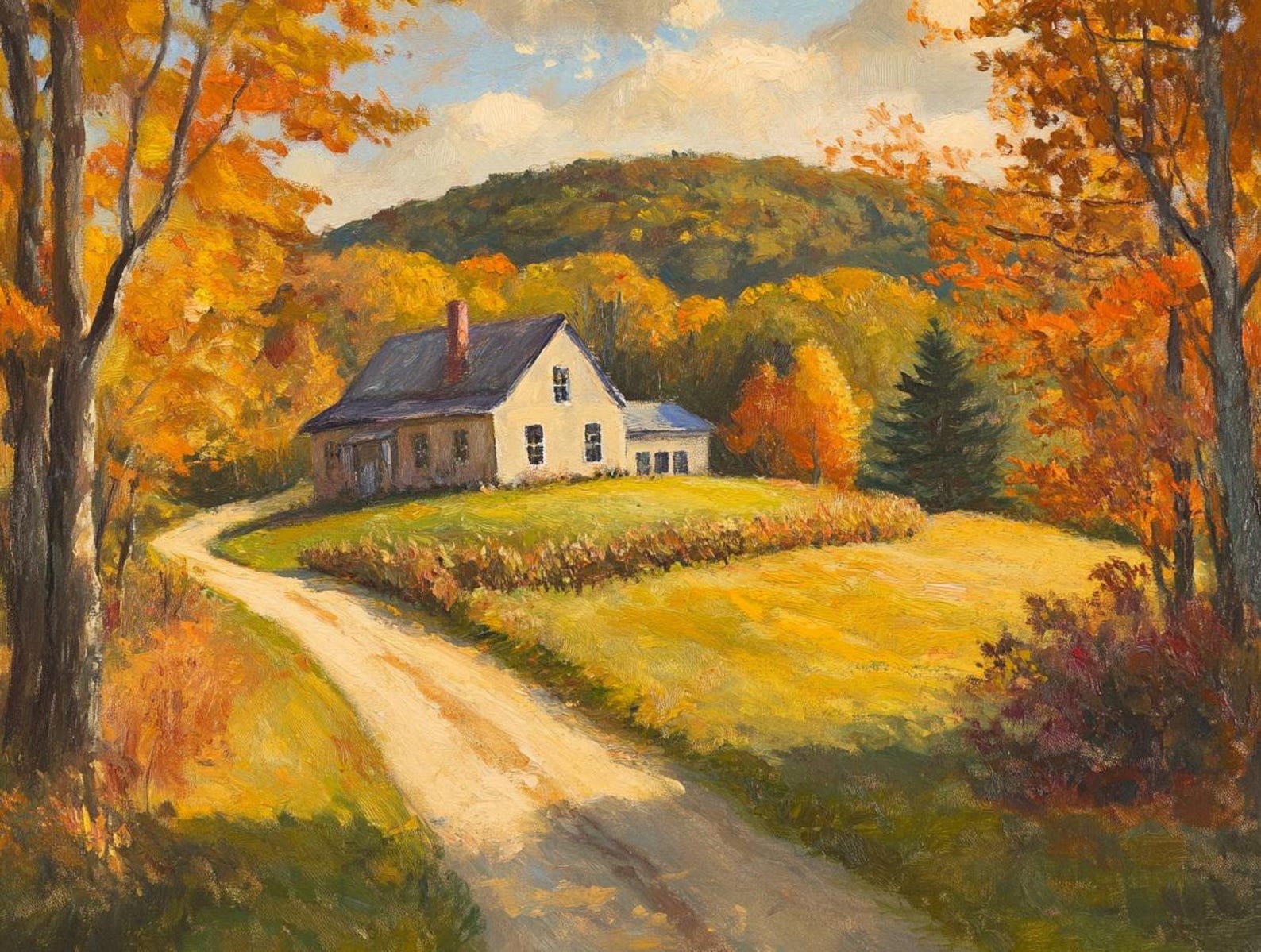 Painting of a Rustic Farmhouse Nestled Among Rolling New England Hills ...