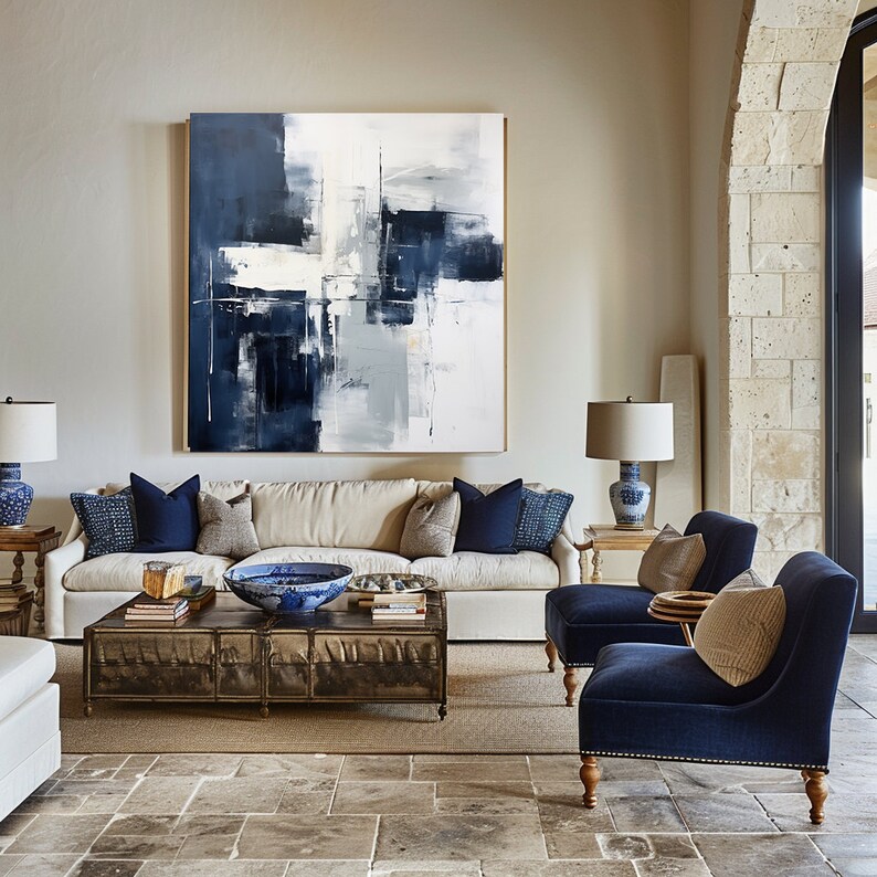 Navy Blue and White Contemporary Abstract Wall Art Digital Download for ...