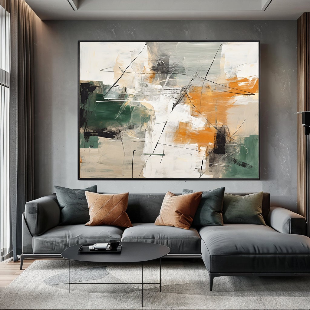 Green, Orange, and White Modern Contemporary Abstract Wall Art Painting ...