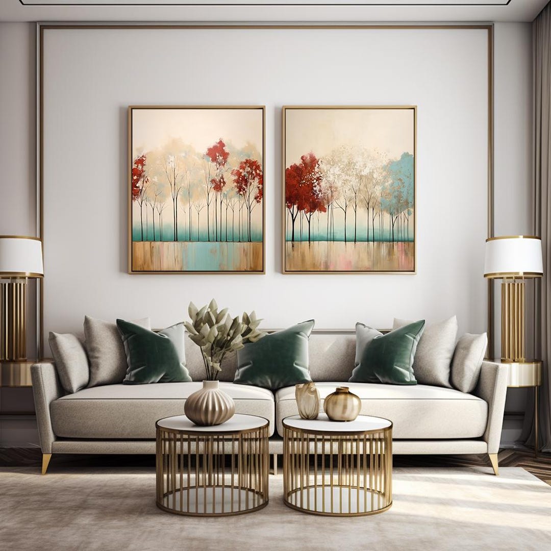 Trees in Burgundy, Beige, and Aqua Modern Contemporary Abstract Wall ...