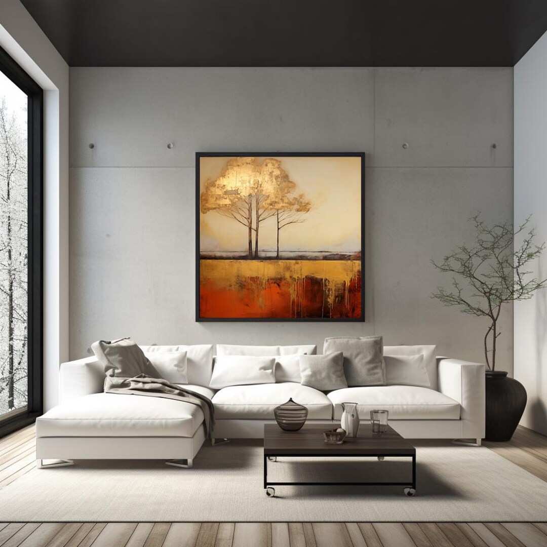 Modern Abstract Wall Art: Rust and Gold Trees in the Landscape Painting ...