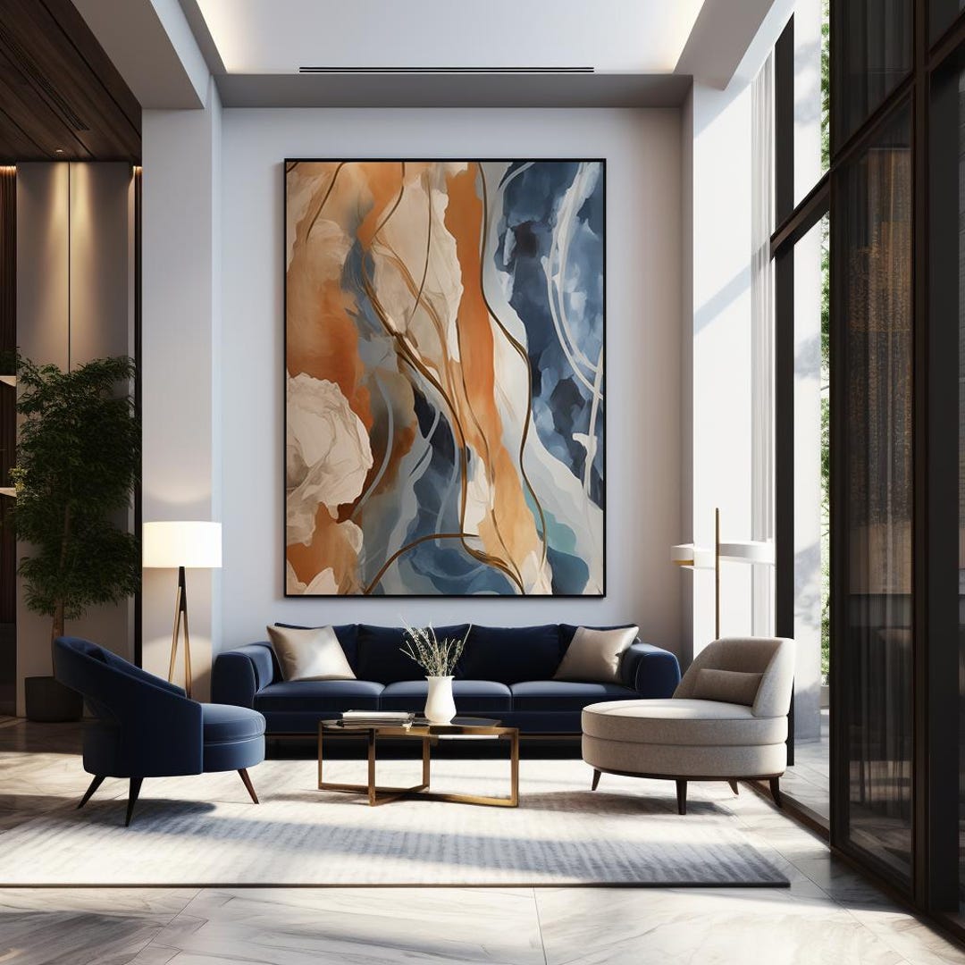 Abstract Wall Art Print: Navy Blue, Beige, and Cognac (digital Download ...