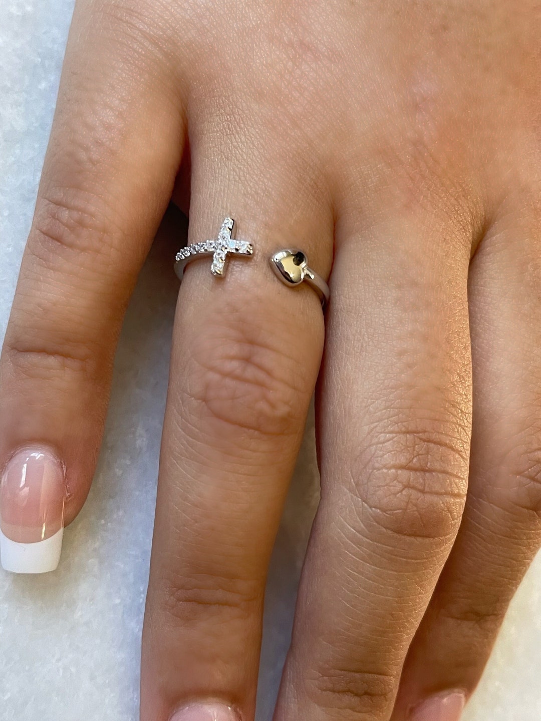 Sterling Silver Heart Cross Ring Adjustable Ring 925 Love Ring Cross ...