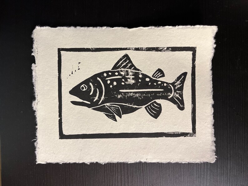 Original Black and White Fish Linoleum Print - Etsy